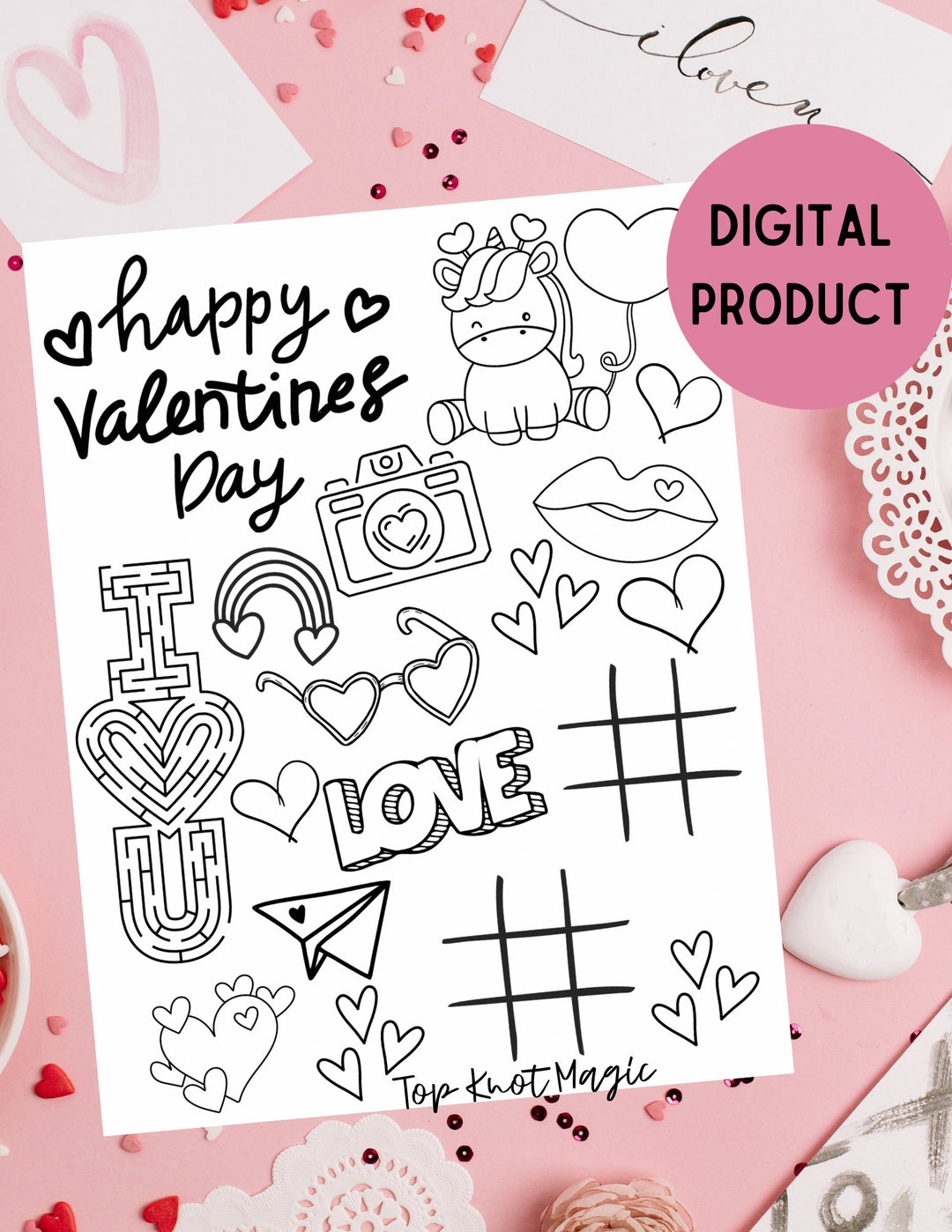 Digital Valentines Coloring Page, Kids Party, Printable, Happy ...