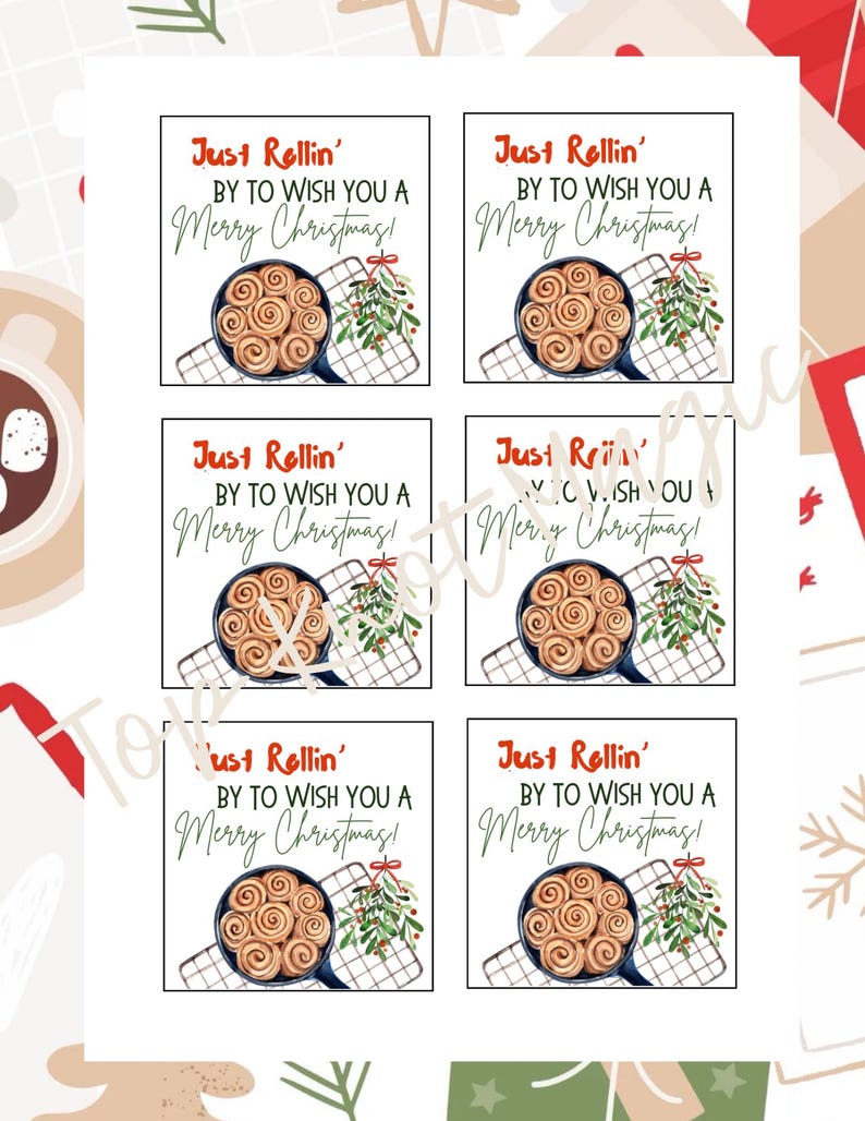 Cinnamon Roll Gift Tag, Just Rollin' By, Christmas Neighbor Gift Idea ...