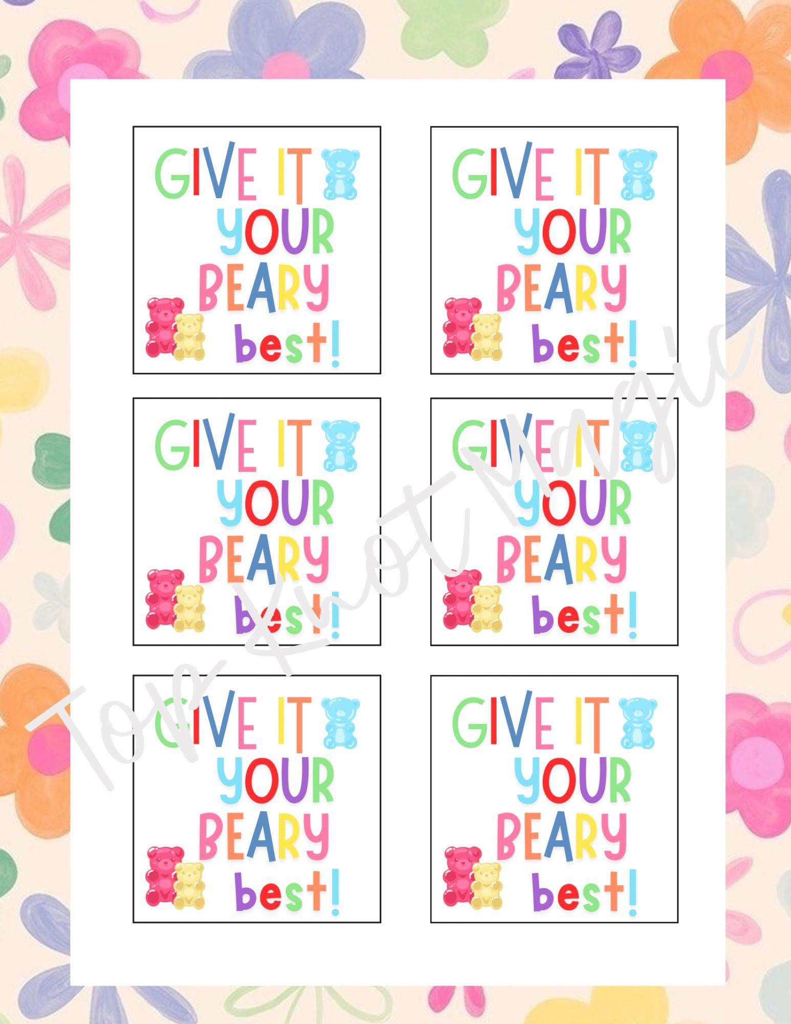 Give It Your Beary Best Printable Gift Tag, Test Day Treat Tag for ...