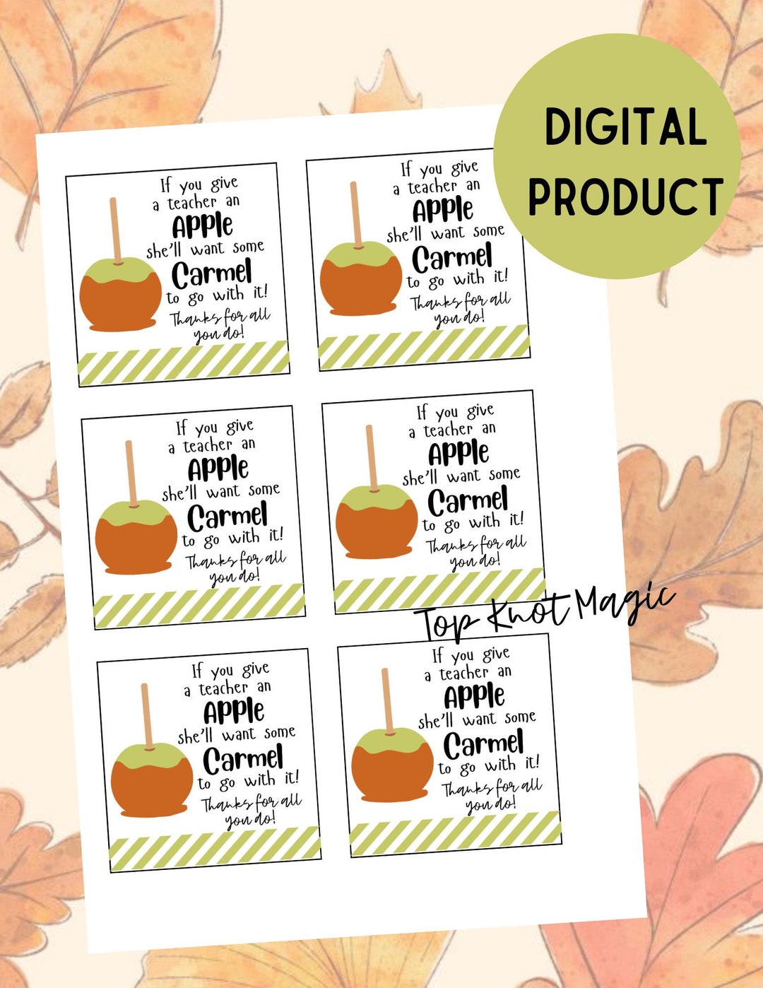 Teacher Thanksgiving Gift Tags, Fall Caramel Apple Tag, Teacher ...