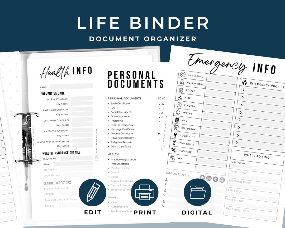 Life Binder & Emergency Planner: Fillable PDF Document Organizer | Home ...