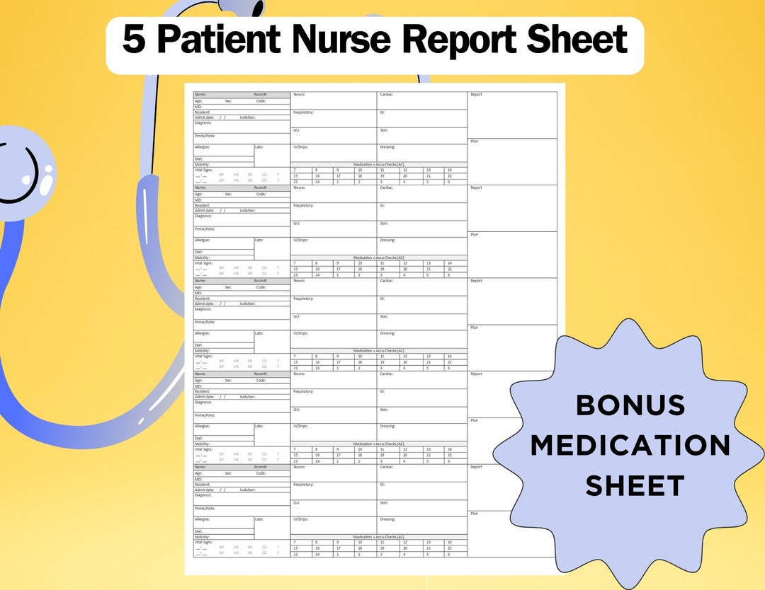 5 Patient Nurse Report Sheet, Printable Template, New Grad Nurse ...