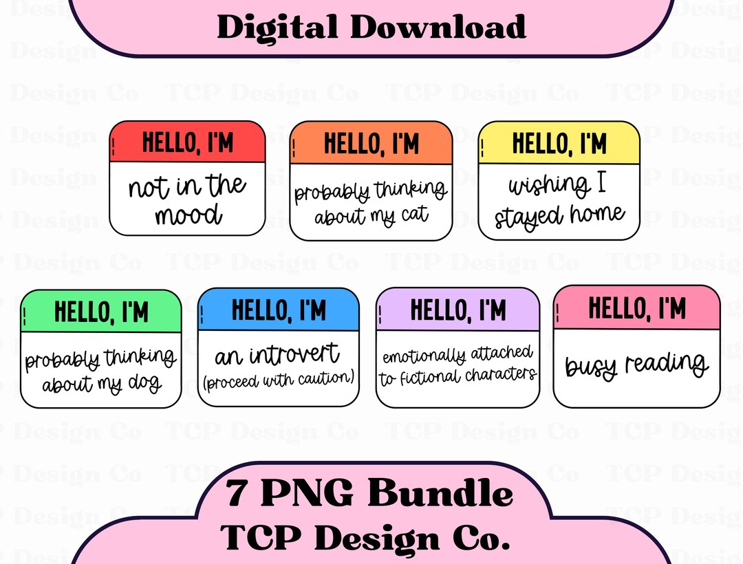 Hello I'm.. PNG Bundle: Introvert Mental Health Bookish AUDHD (digital ...