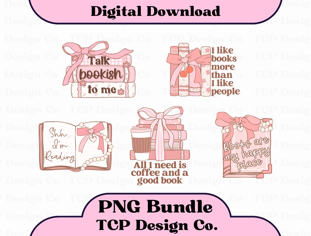 Pink Bookish PNG Bundle: Bibliophile Book Lover Designs (digital ...