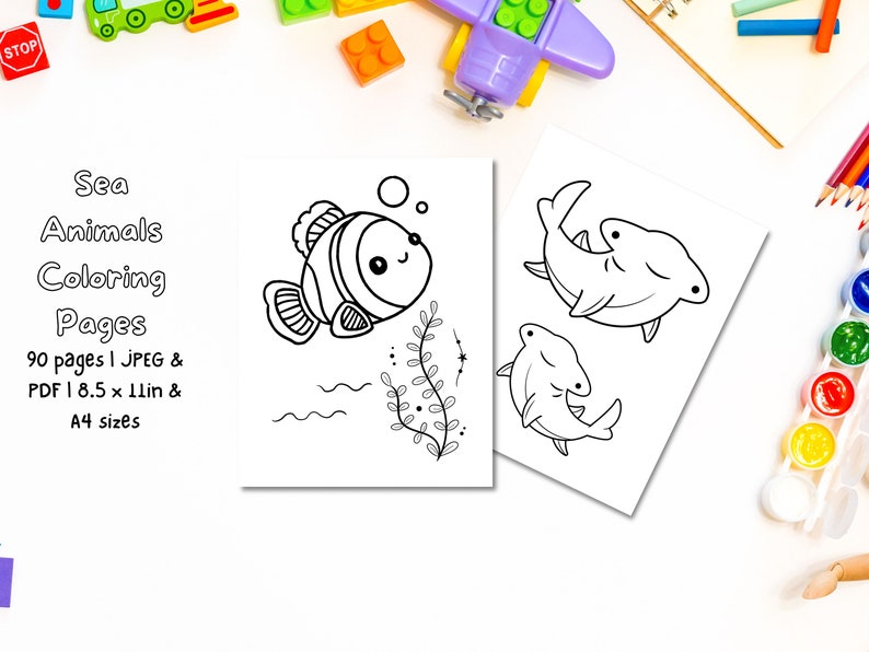 Printable Sea Animals Coloring Pages for Kids A4 & 8.5x11in Sizes JPEG ...
