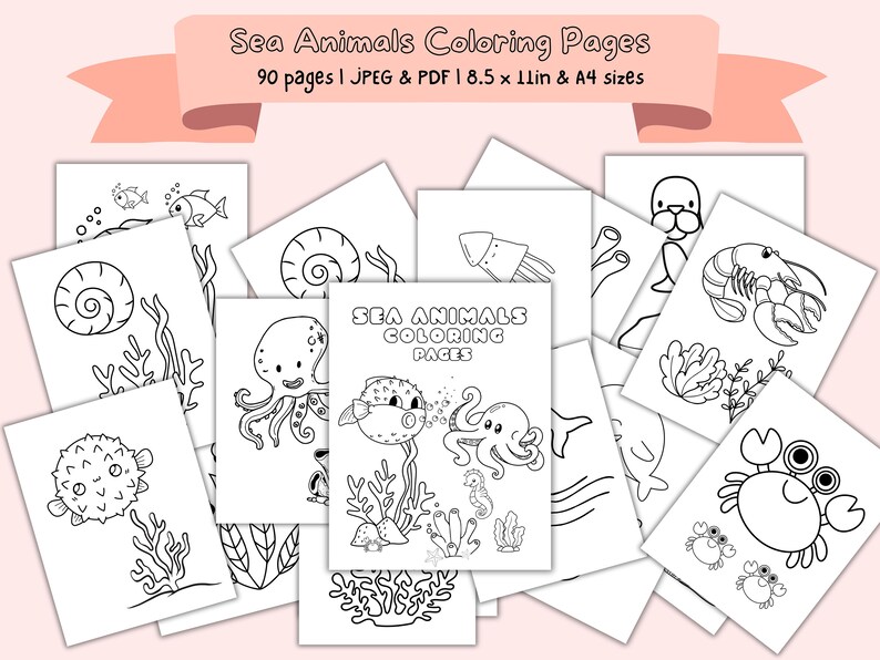 Printable Sea Animals Coloring Pages for Kids A4 & 8.5x11in Sizes JPEG ...
