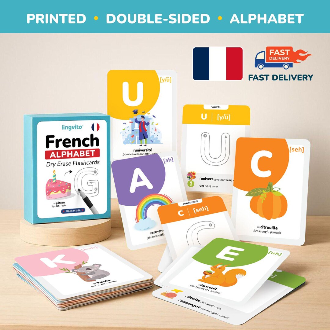 PRINTED French Alphabet Flashcards Dry Erase Learning Cards for Kid ...
