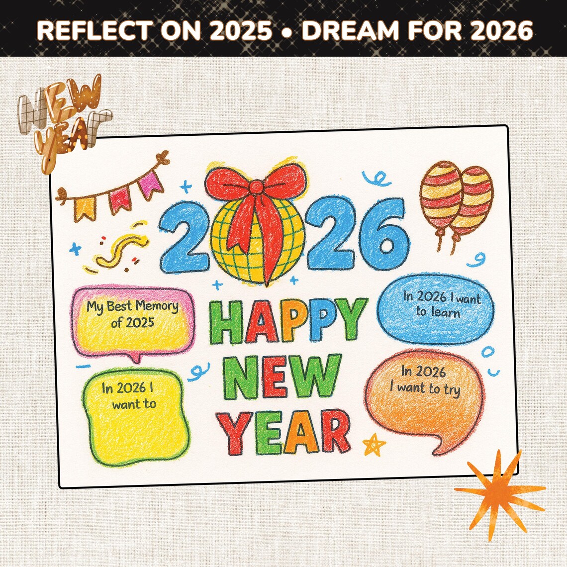 New Year 2026 Printable for Kids Kids New Year Activity Worksheet Goal ...