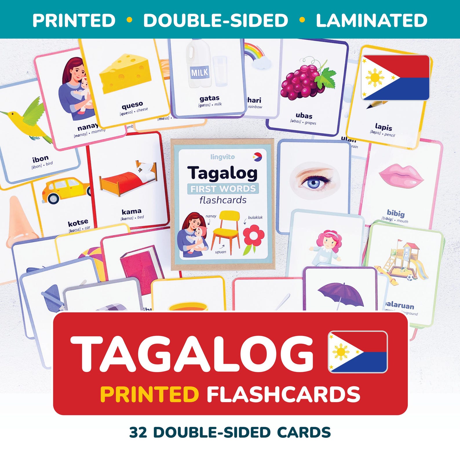 Tarjetas de vocabulario impresas en tagalo: primeras palabras, aprender ...