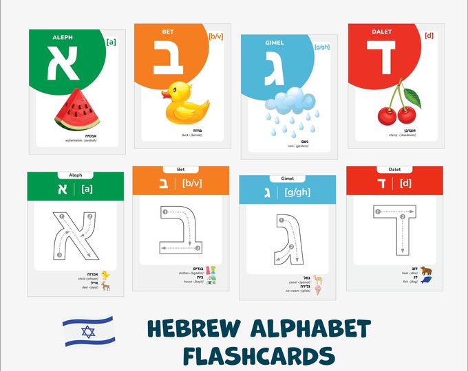 Alef Bet Flash Cards Printable, Hebrew Alphabet, Jewish Cards, Aleph ...