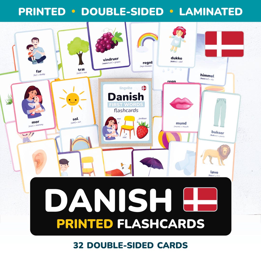 PRINTED Danish Flashcards First Words Danish Language Learn Danish Baby ...