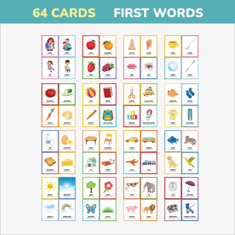PRINTED Turkish Flashcards First Words Turkish Language Learn Turkish ...