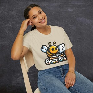 Buzy Bee at Work Tee - Cute Cartoon Bee Buzzing on a Computer - Unisex ...