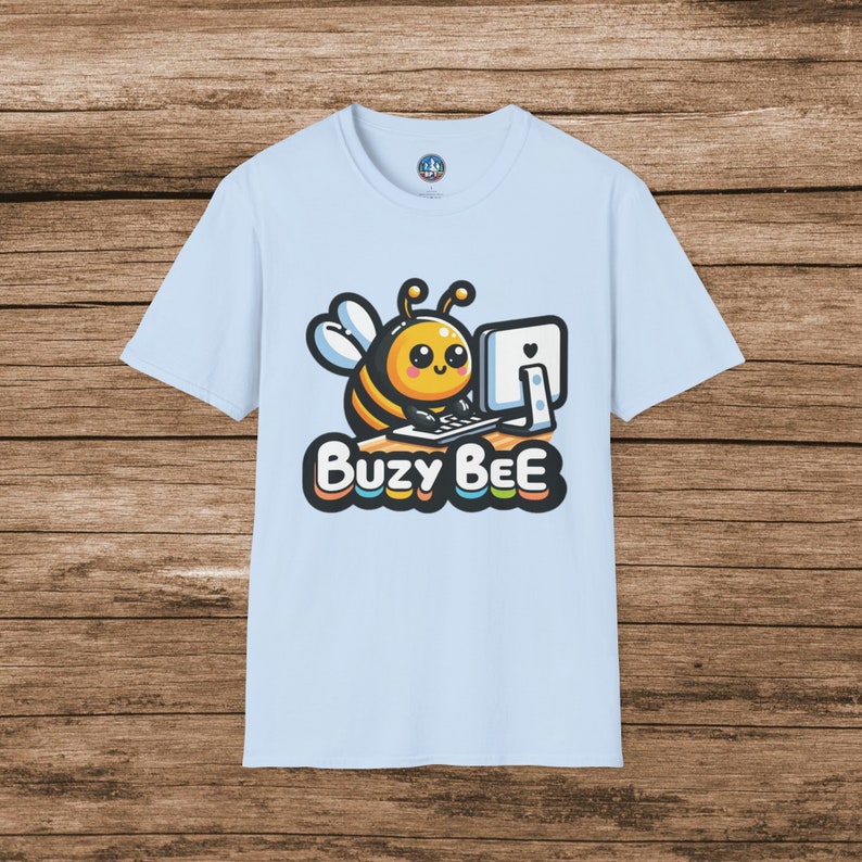 Buzy Bee at Work Tee - Cute Cartoon Bee Buzzing on a Computer - Unisex ...