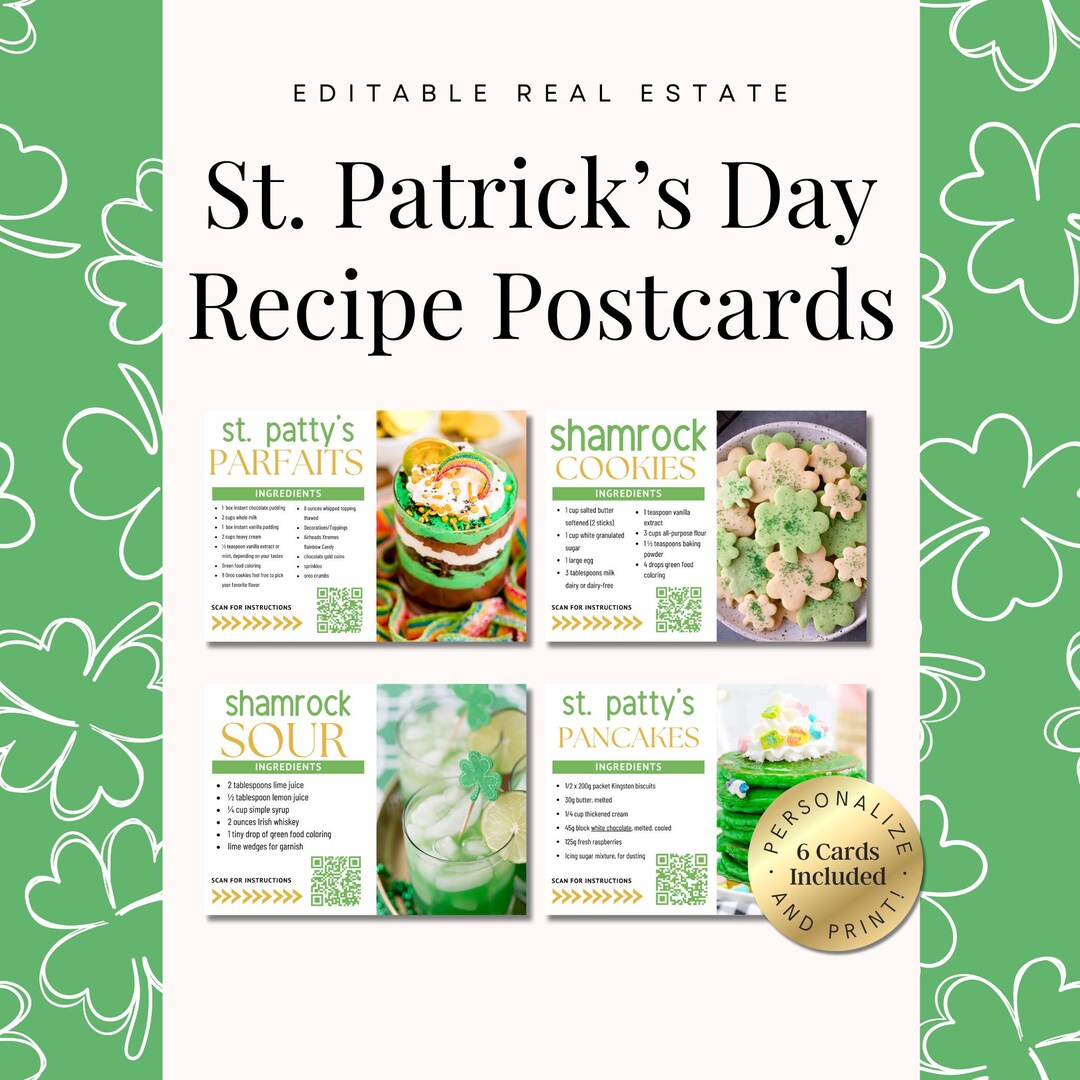 Editable St Patricks Day Real Estate Recipe Postcard Bundle for Real ...