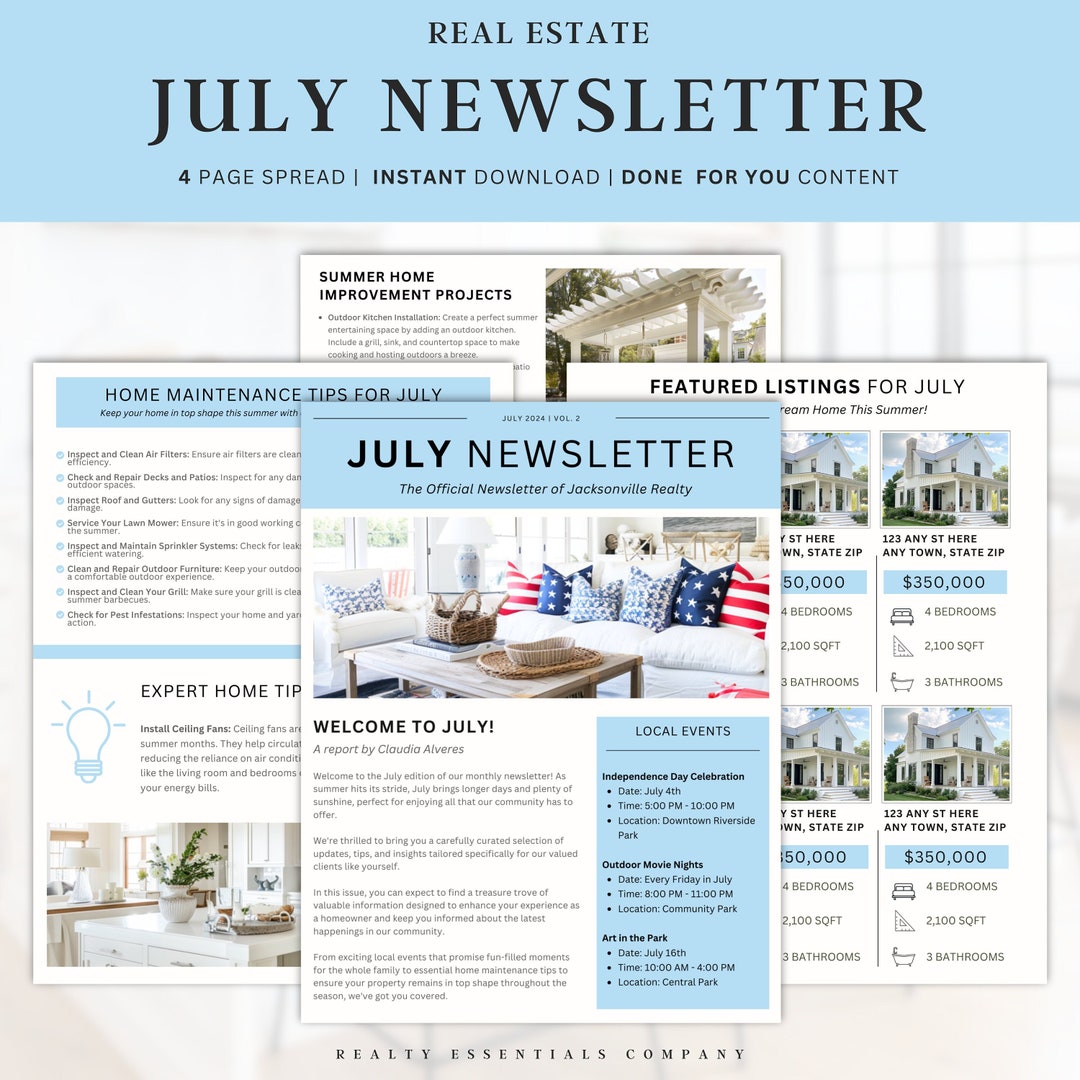 Realtor July Newsletter Templates, Real Estate Newsletter July, Real ...