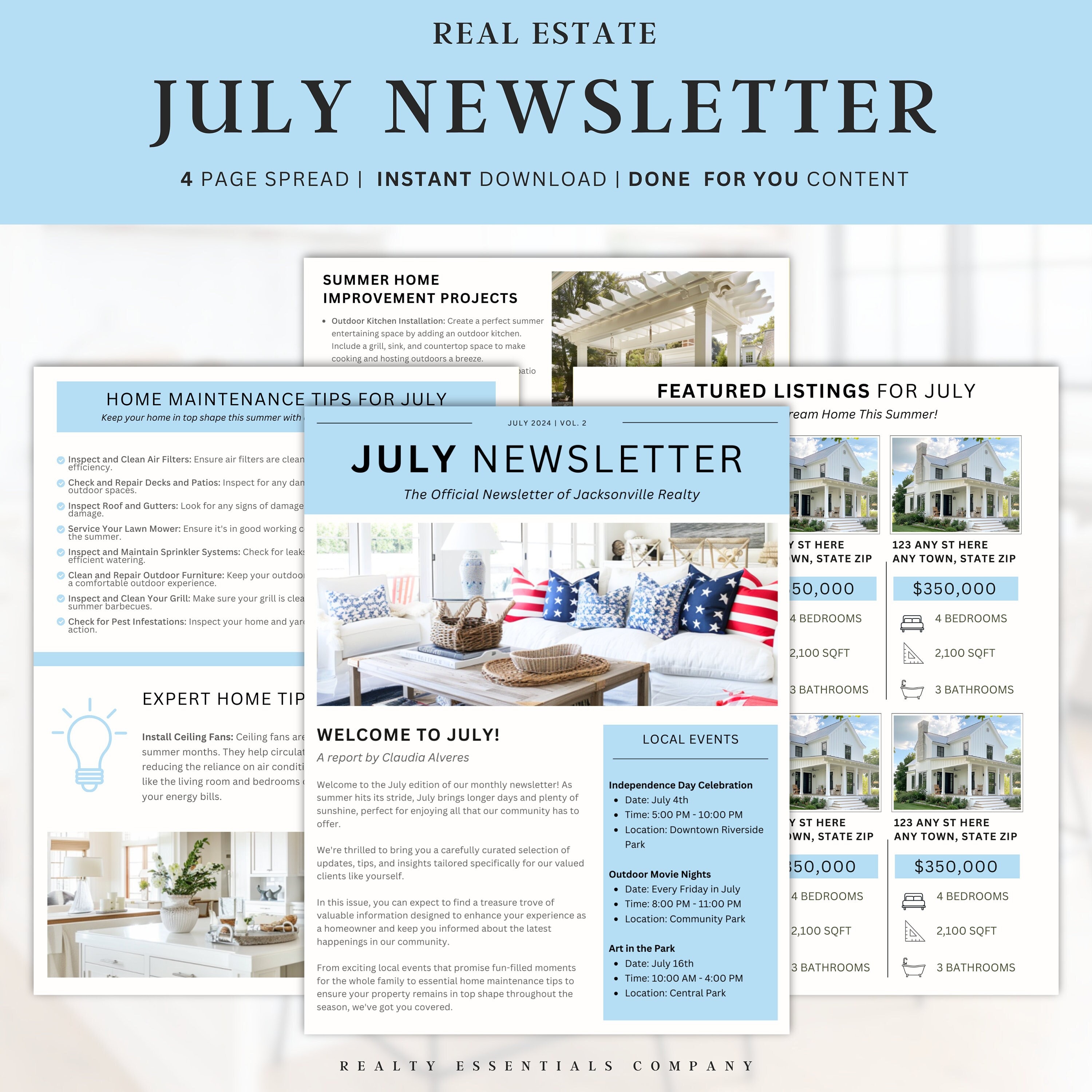 Realtor July Newsletter Templates, Real Estate Newsletter July, Real ...