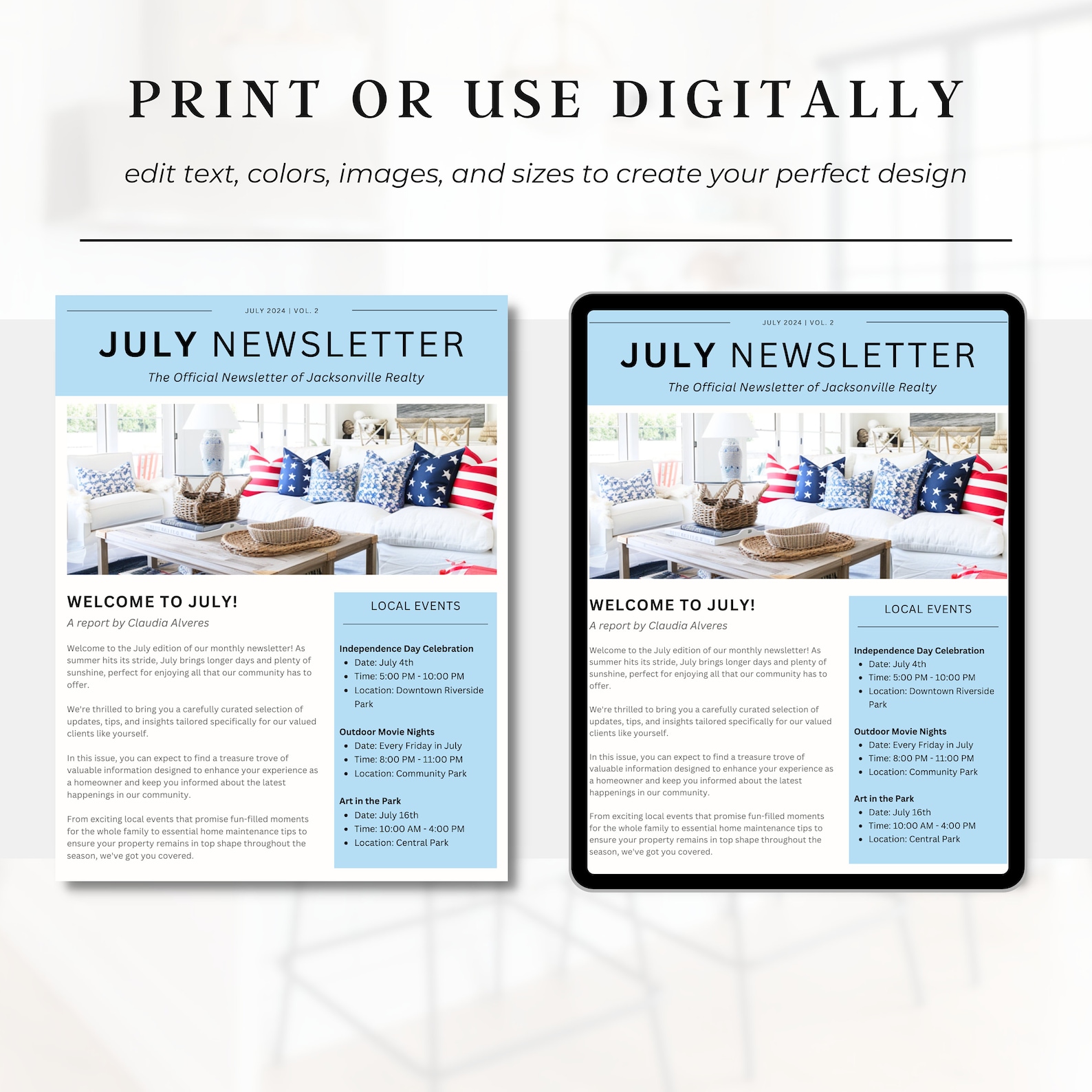 Realtor July Newsletter Templates, Real Estate Newsletter July, Real ...