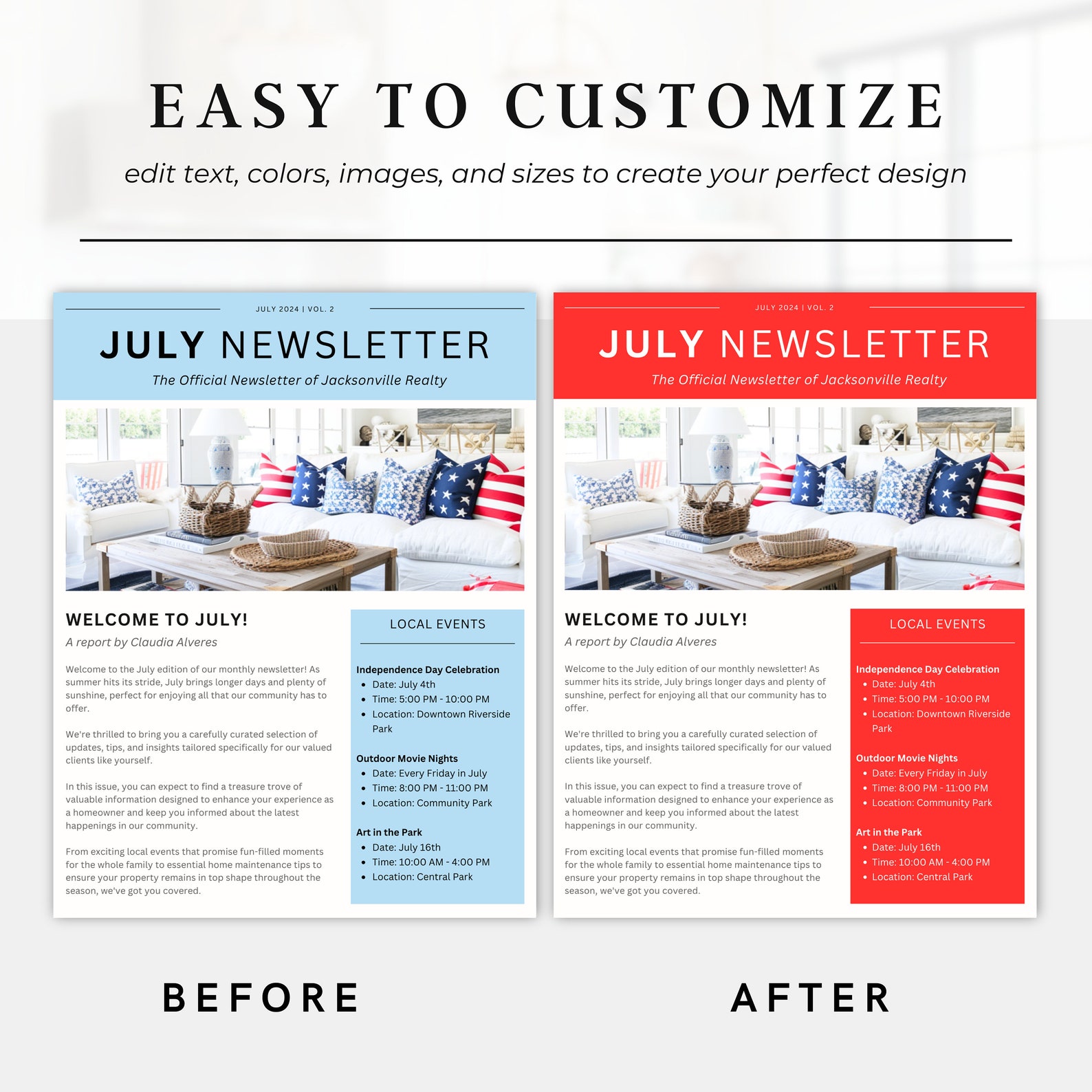 Realtor July Newsletter Templates, Real Estate Newsletter July, Real ...