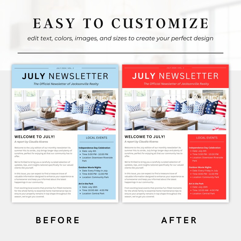 Realtor July Newsletter Templates, Real Estate Newsletter July, Real ...