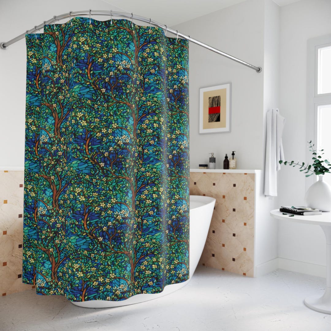 Woodland Stained Glass Shower Curtain, Forest Theme Bath Decor ...