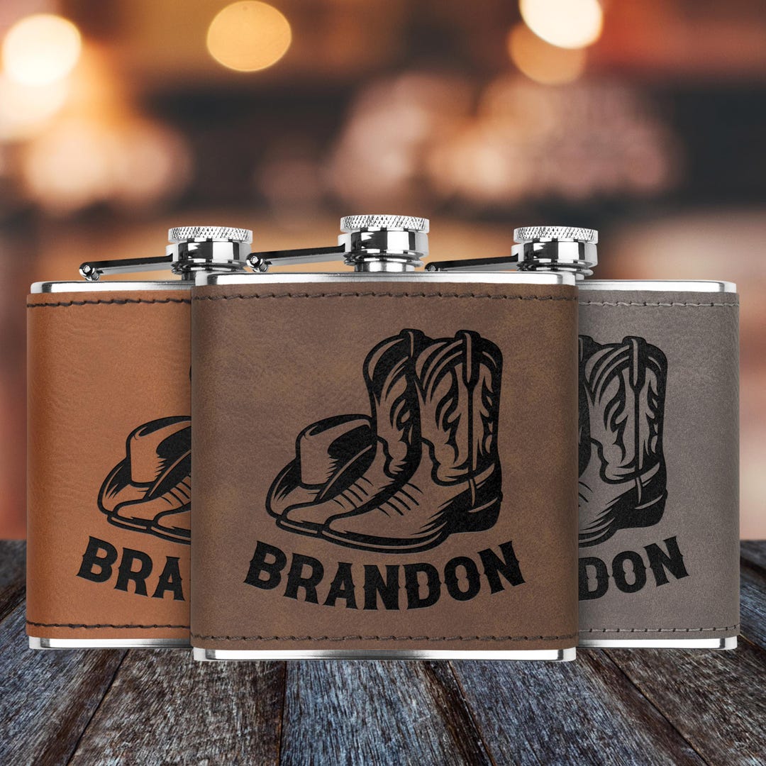 Custom Name Leather Wrapped Cowboy Boots Flask, Personalized Western ...
