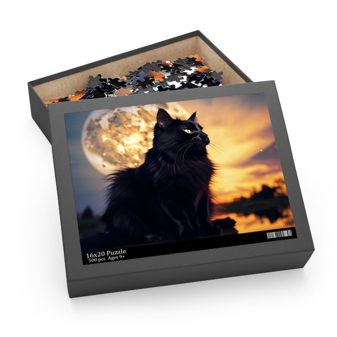 Beautiful Black Cat Jigsaw Puzzle, Vibrant Colorful Cat and Moon Puzzle ...