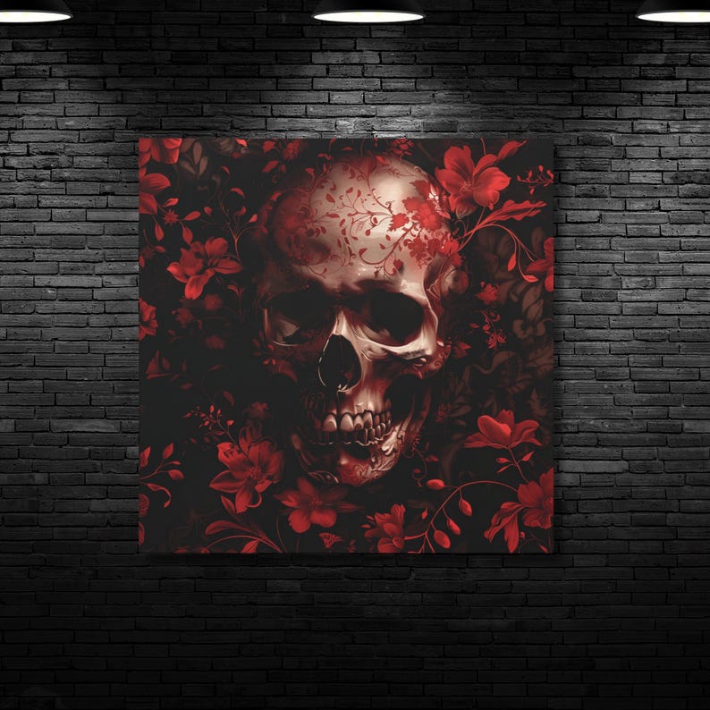 Romantic Goth Skull With Red Floral Background, Canvas Gallery Wraps ...