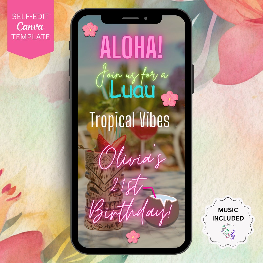 Digital Hawaiian Luau Party Invitation, Animated Tropical Party Evite With Tropical Music, Canva ...