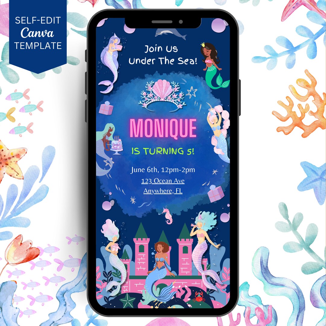 Digital Mermaid Birthday Party Invitation, Animated Under the Sea Evite ...