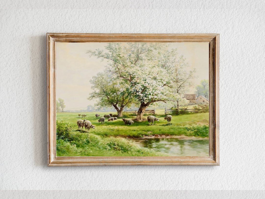 Vintage Spring Landscape , Watercolor Painting, Rustic Landscape Art ...
