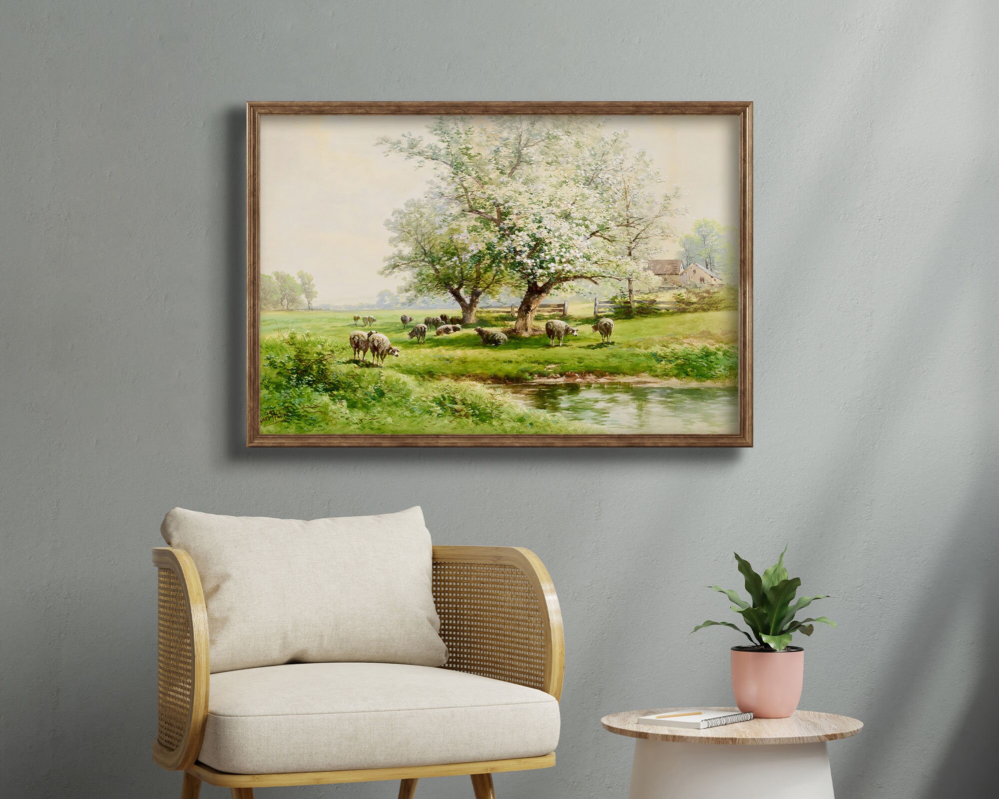 Vintage Spring Landscape , Watercolor Painting, Rustic Landscape Art ...