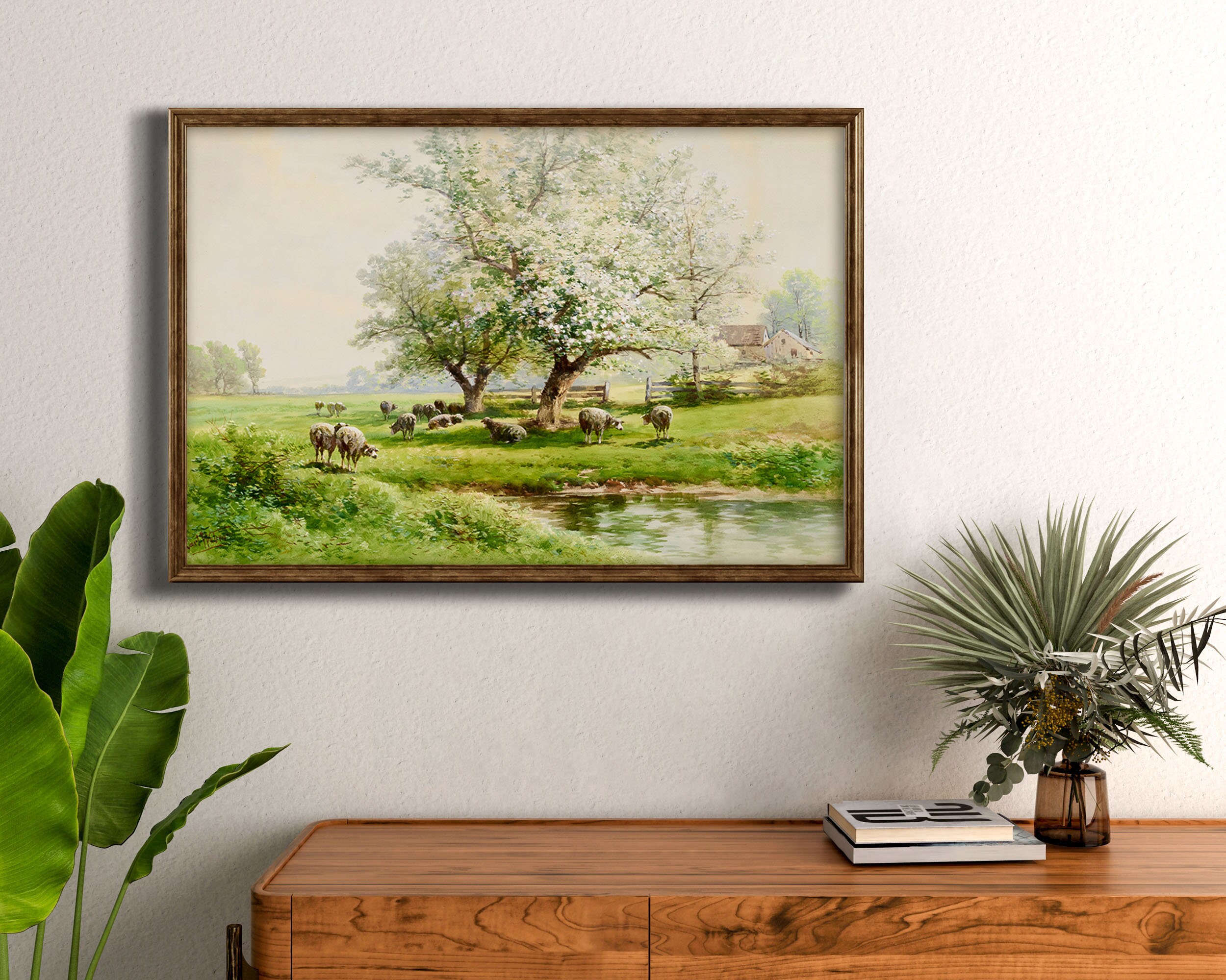 Vintage Spring Landscape , Watercolor Painting, Rustic Landscape Art ...