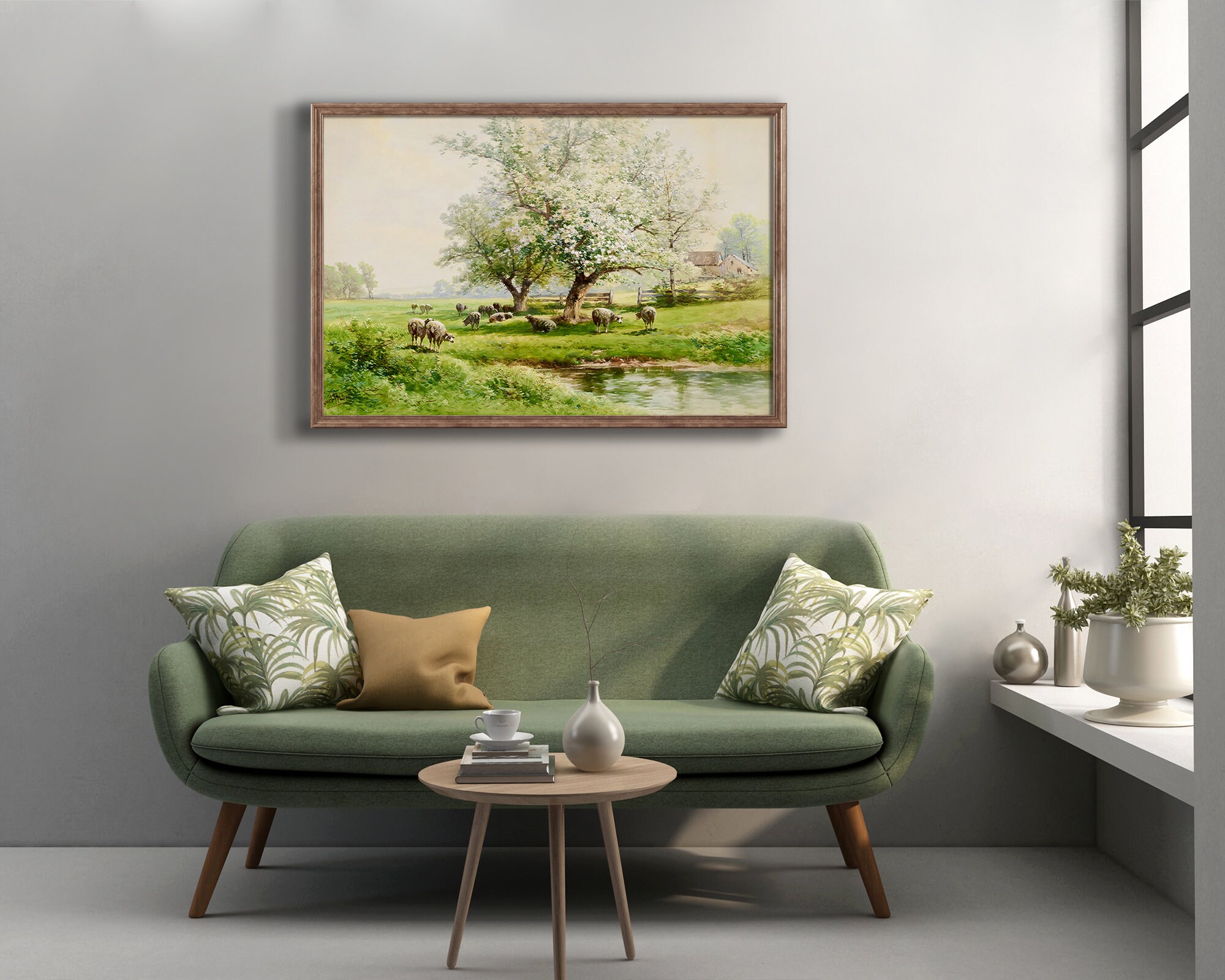 Vintage Spring Landscape , Watercolor Painting, Rustic Landscape Art ...