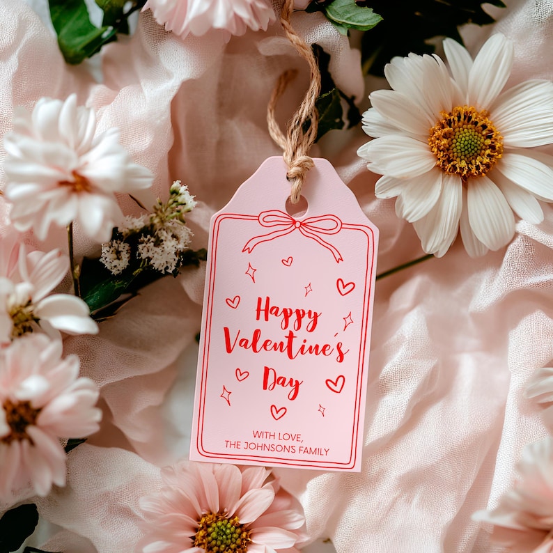 Editable Valentine's Day Tag Pink Red Bow Valentine Gift Tag Doodle ...