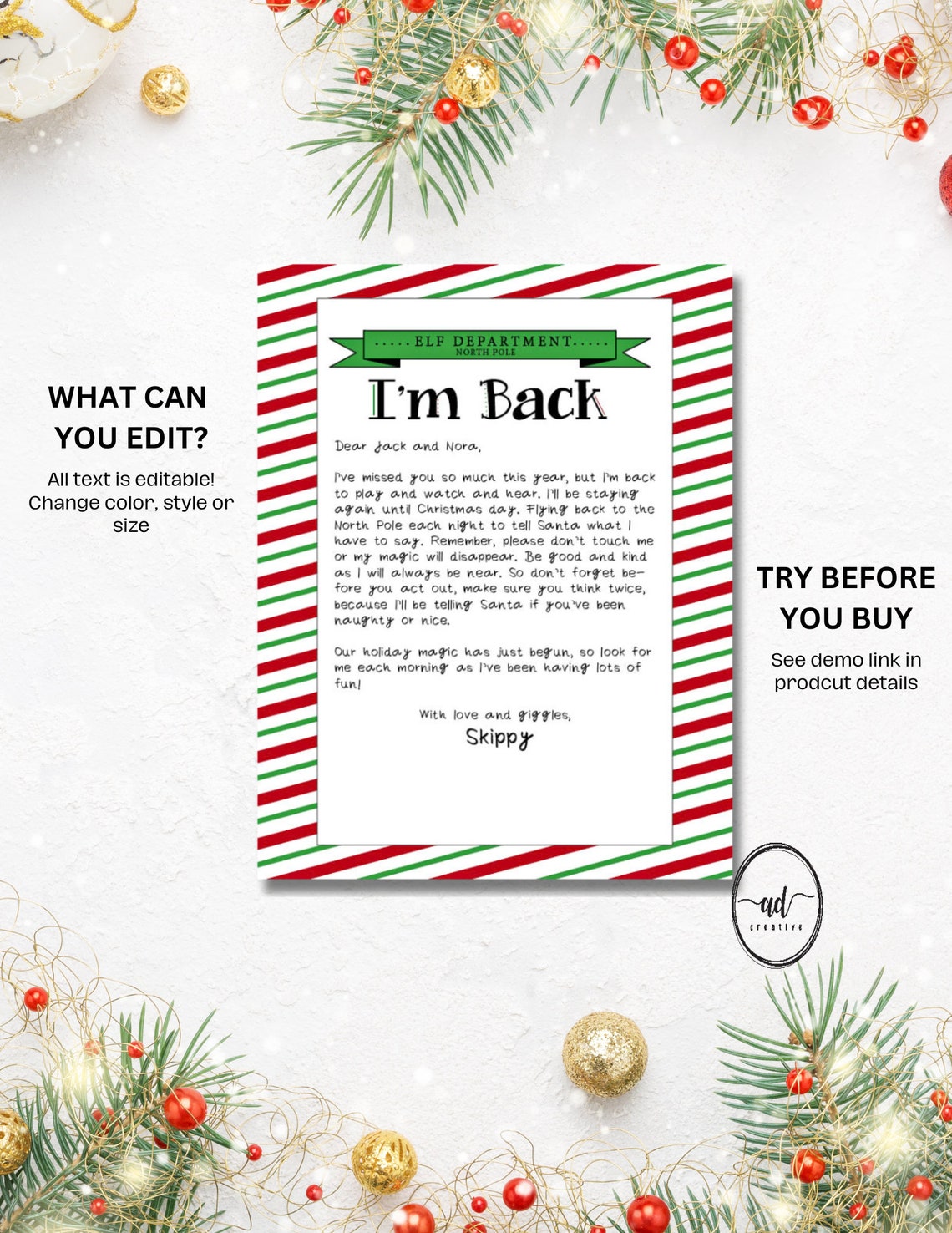 EDITABLE Elf Letter, Greetings From Elf, Elf I'm Back, Elf Arrival, Elf ...