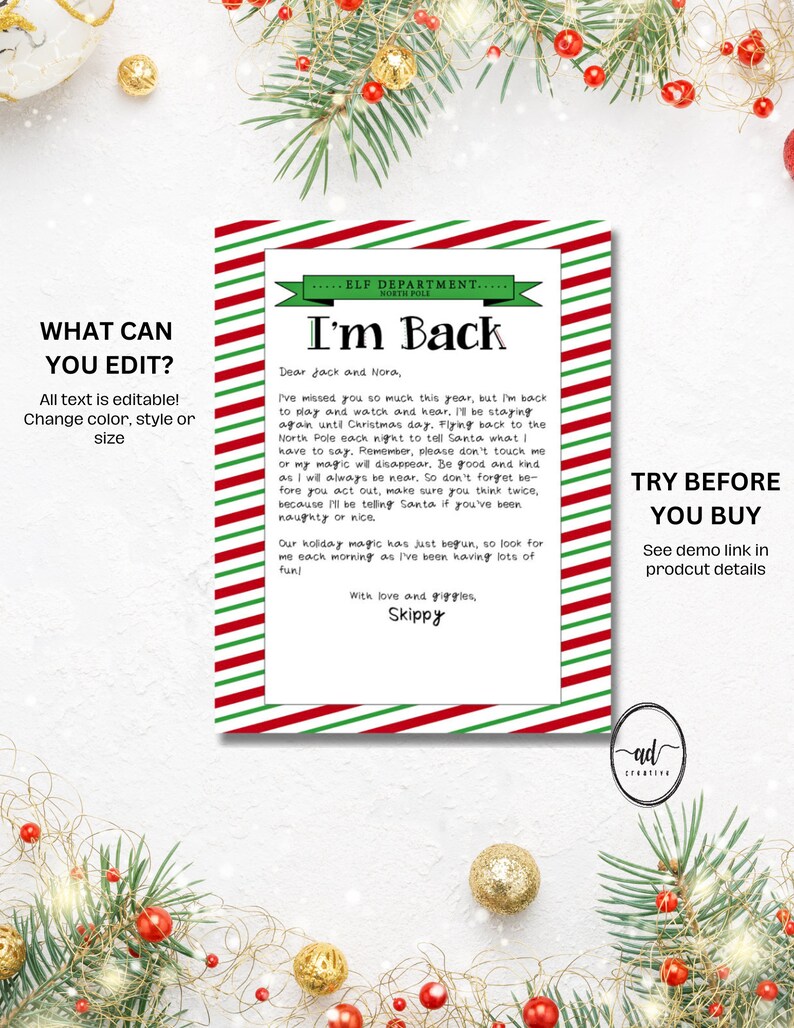 EDITABLE Elf Letter, Greetings From Elf, Elf I'm Back, Elf Arrival, Elf ...