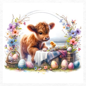 Easter Highland Cow Clipart Bundle, 14 JPEG, Watercolor Highland Cow ...