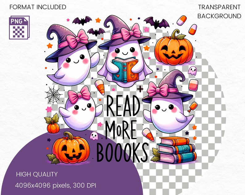 Read More Books - Cute Ghost Teacher PNG, Halloween Librarian, Teacher ...