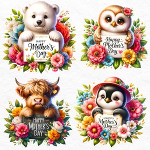 Cute Mother's Day Animals Clipart PNG Bundle, Baby Animals, Mother Day ...