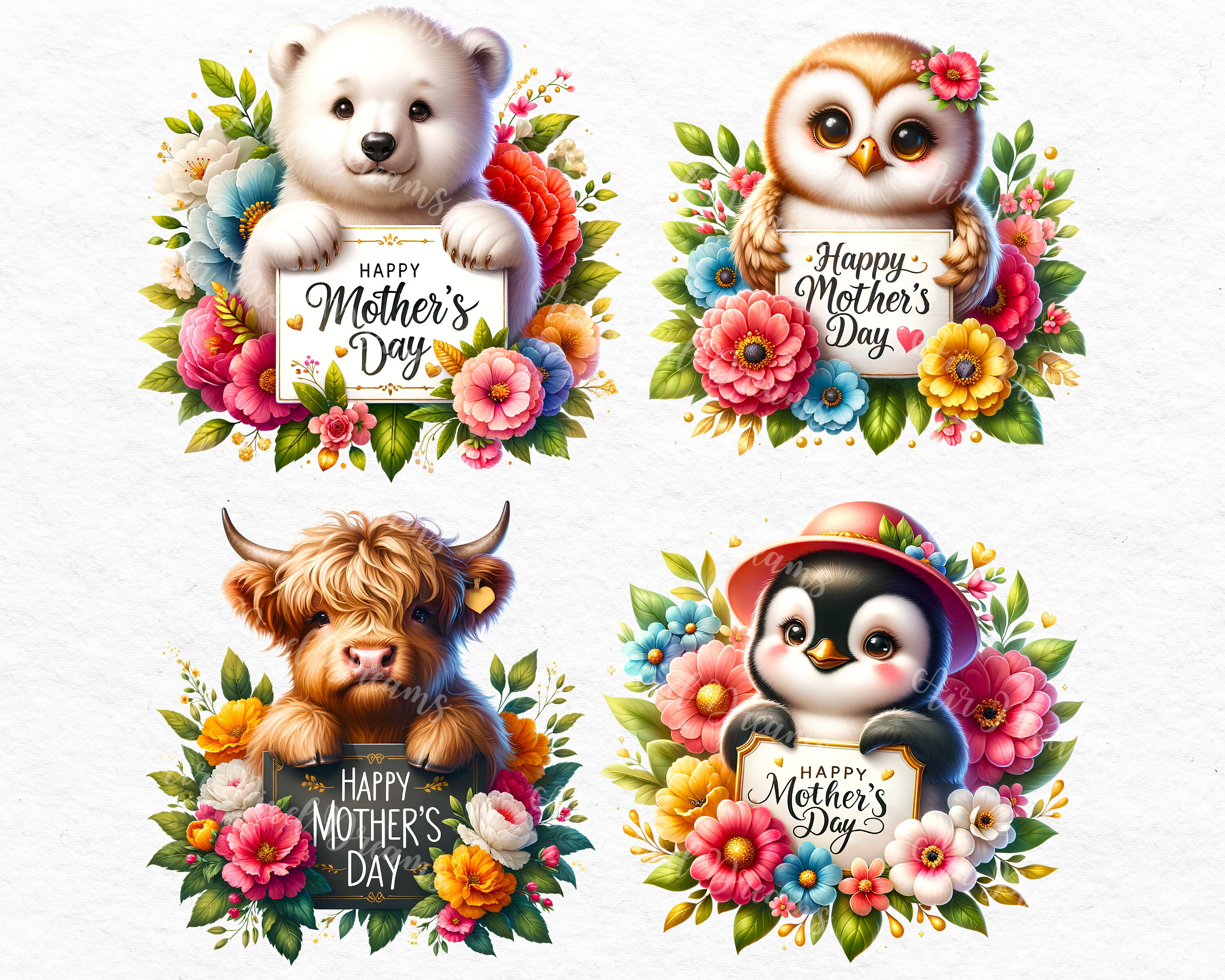 Cute Mother's Day Animals Clipart PNG Bundle, Baby Animals, Mother Day ...