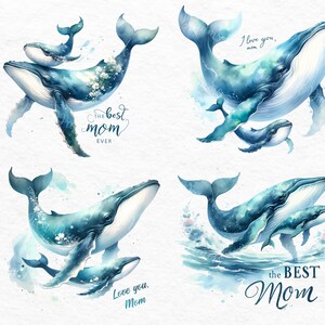 Watercolor Whale Clipart Collection for Mother's Day, Whale Nursery ...