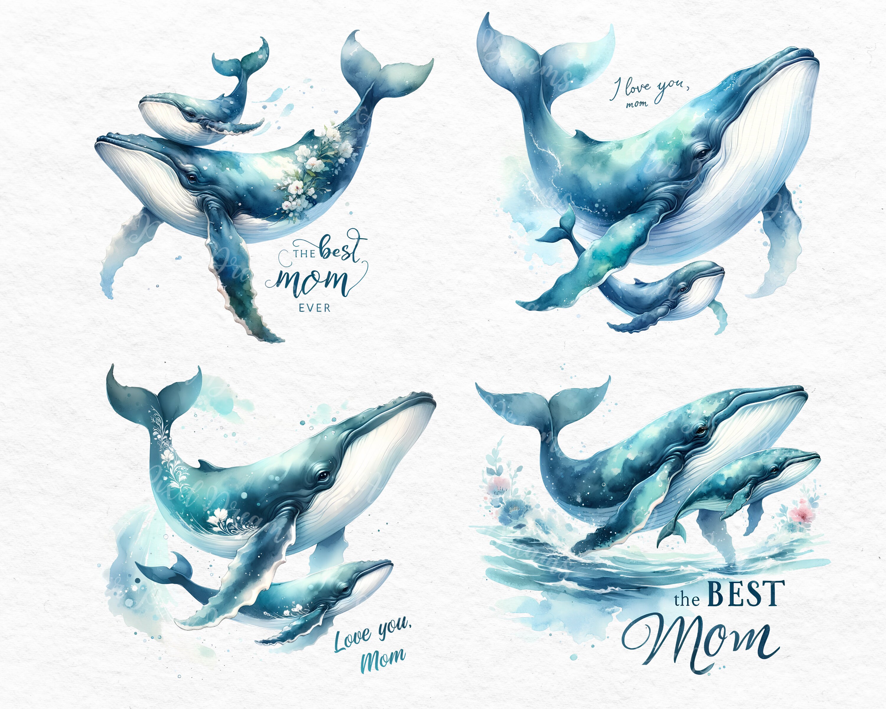 Watercolor Whale Clipart Collection for Mother's Day, Whale Nursery ...