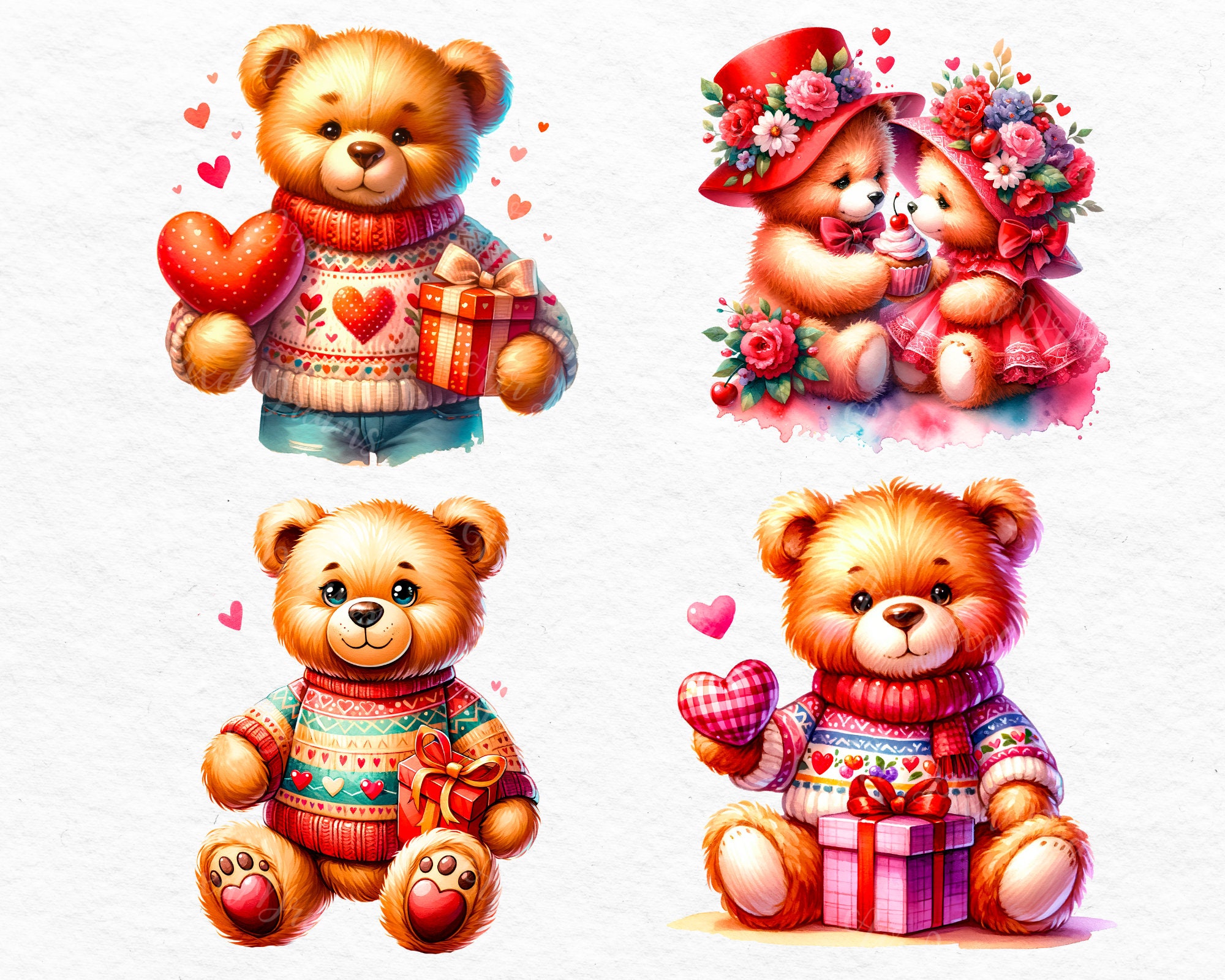 Watercolor Teddy Bear Clipart 15 PNG Valentines Day Clipart, Valentines ...