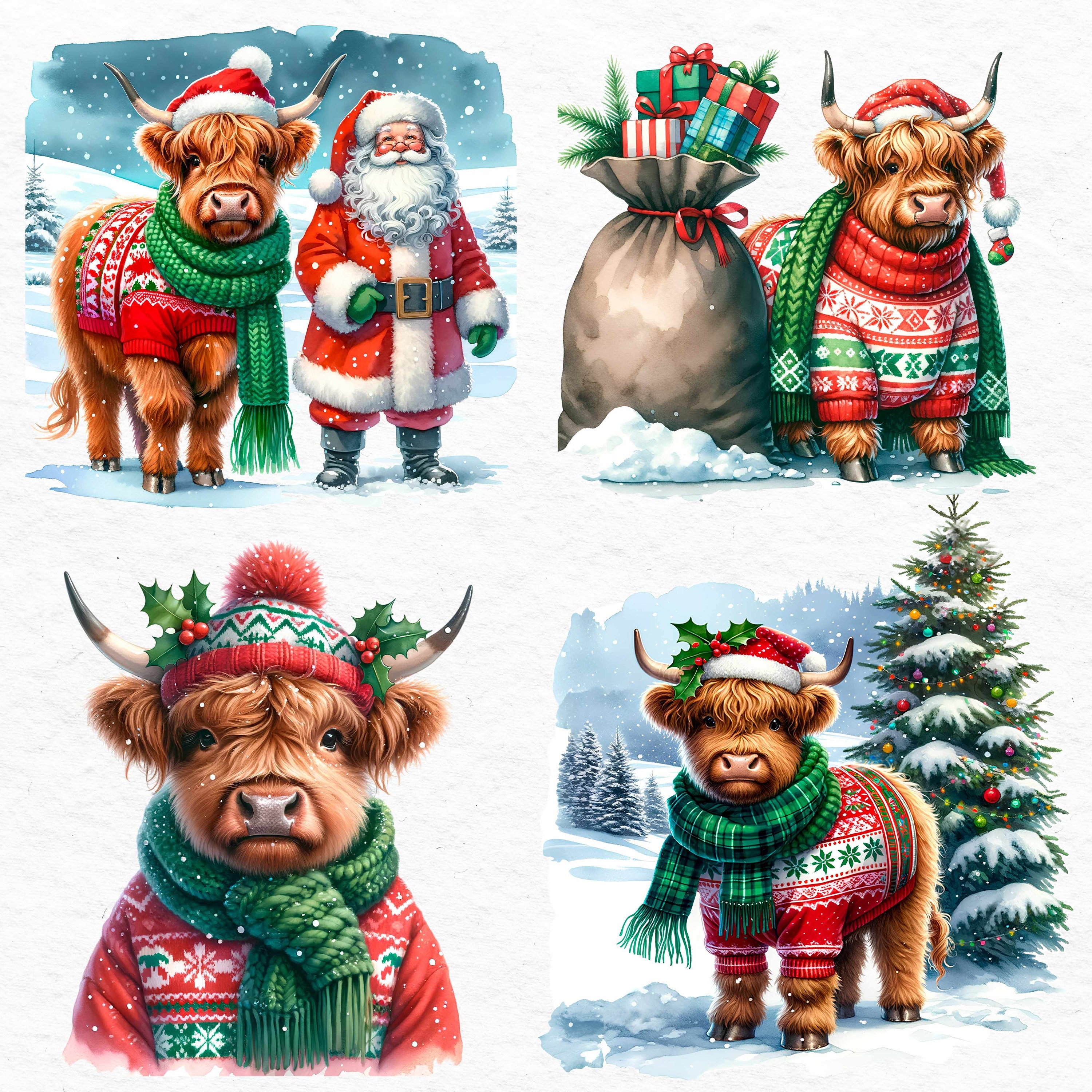 Christmas Highland Cow Clipart - Watercolor Scottish Cattle PNG ...