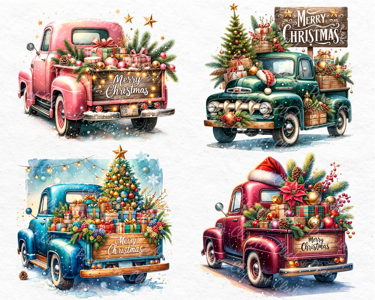 Vintage Christmas Trucks Clipart Bundle Watercolor Farm Trucks With ...