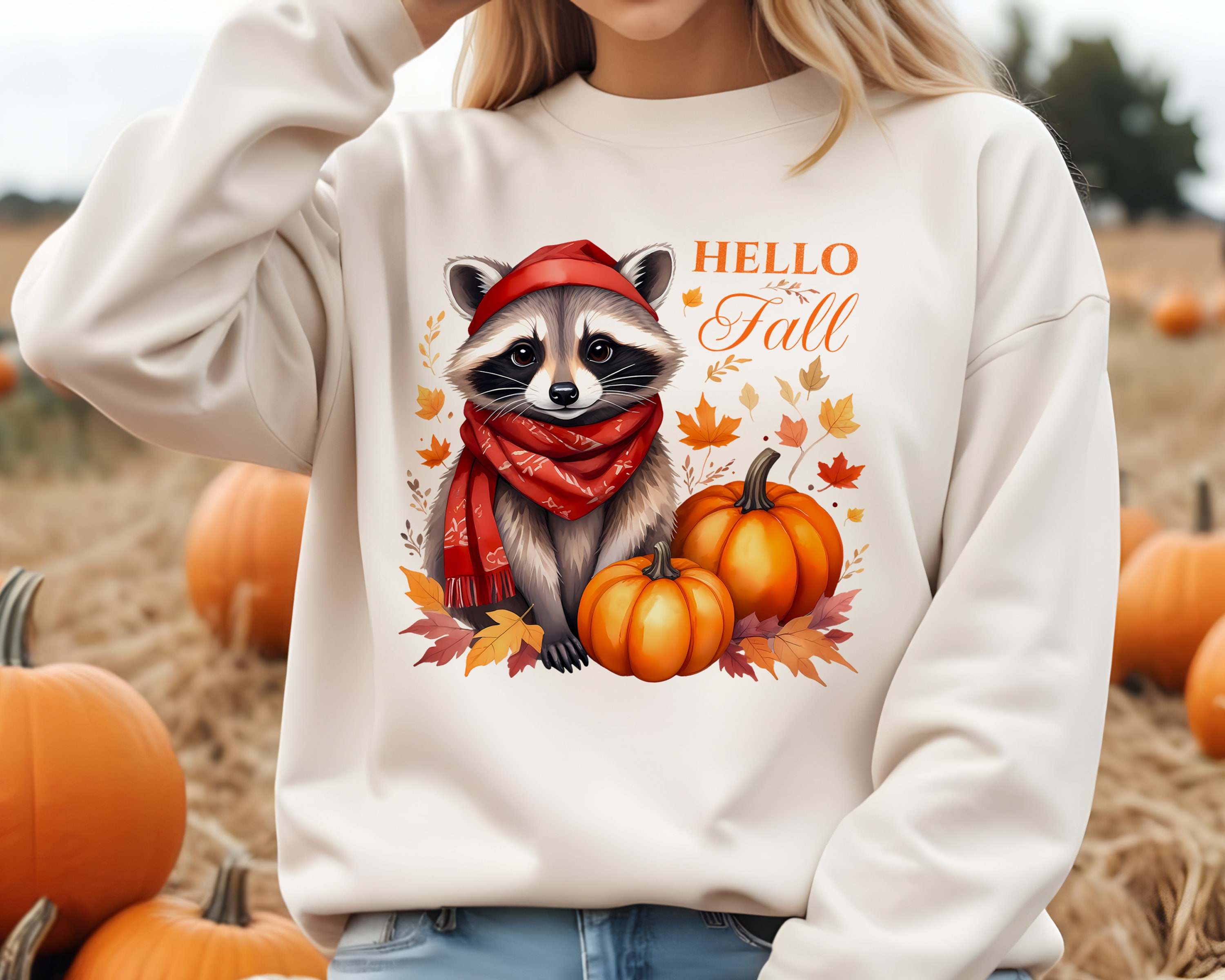 Hello Fall - Cute Raccoon With Pumpkins and Autumn Leaves PNG Clipart ...