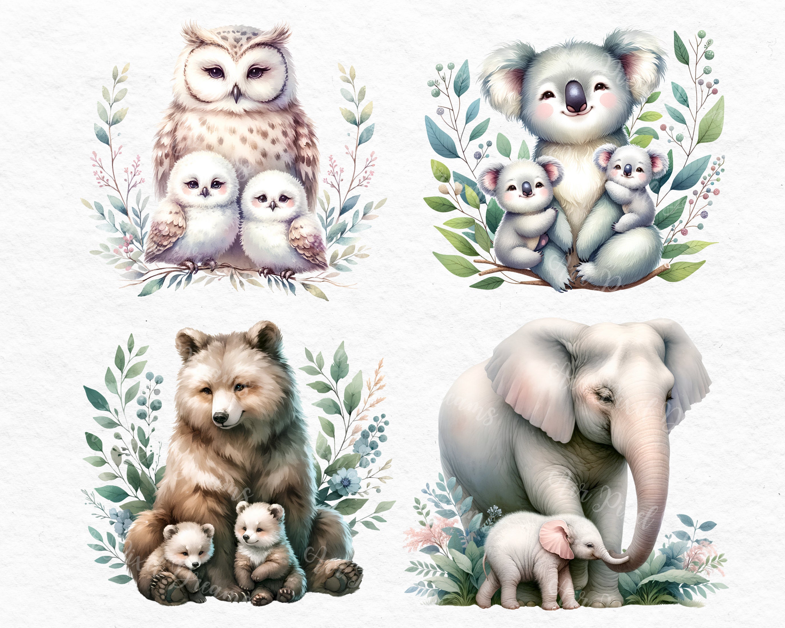 Watercolor Mother and Baby Animals Clipart Bundle, Mother and Baby Png ...