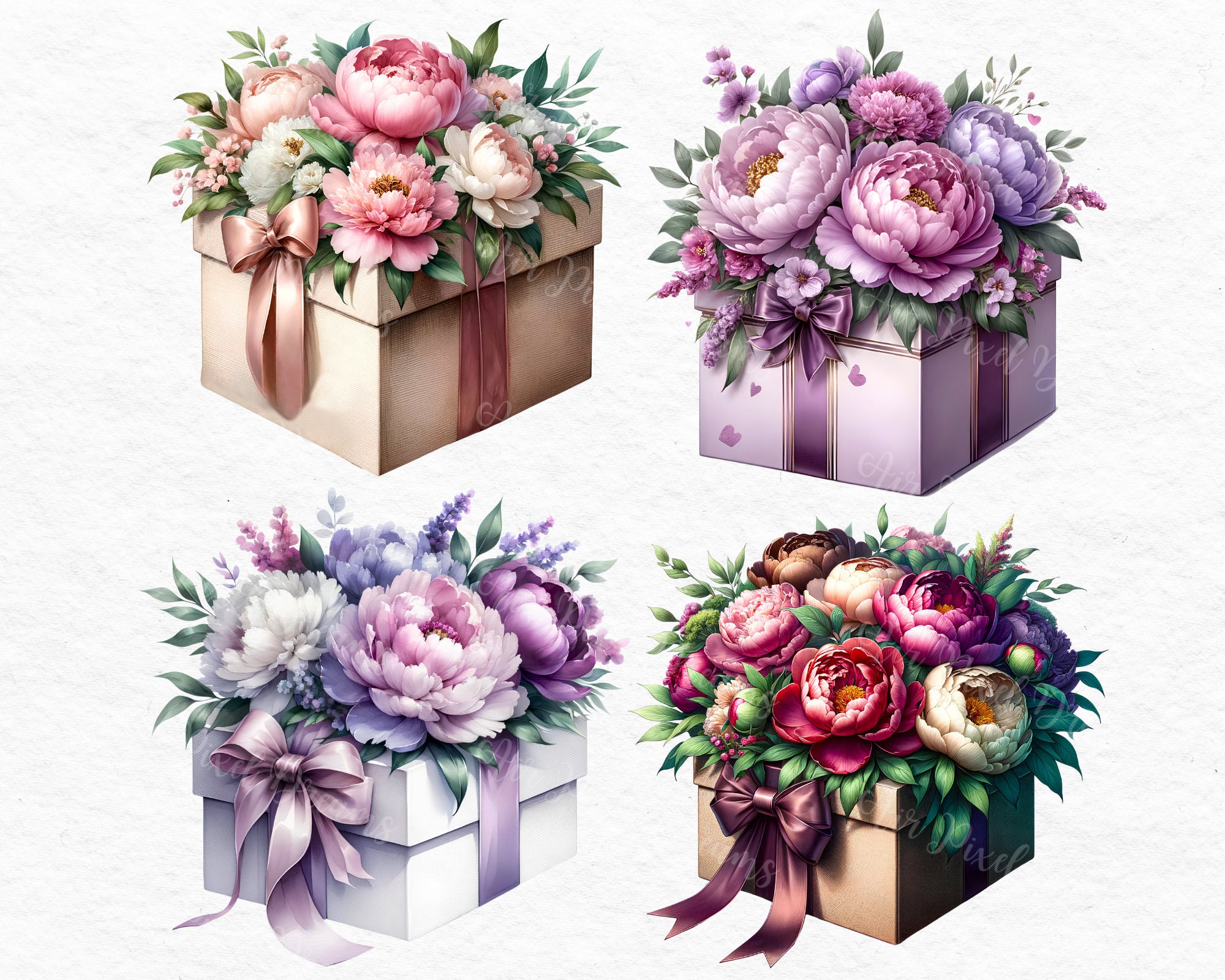 Watercolor Peonies Gift Box Clipart Collection, 22 PNG Files,floral ...