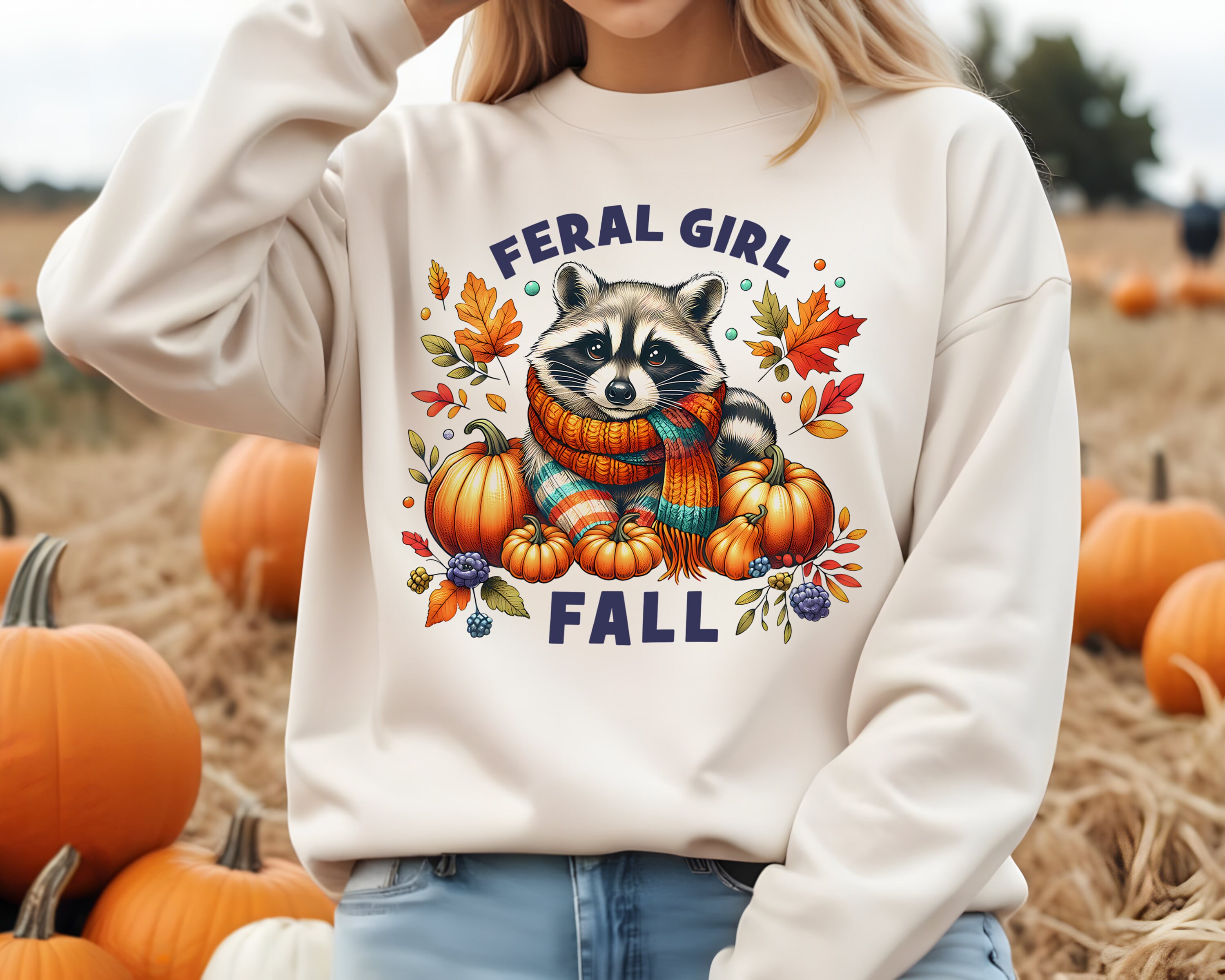 Feral Girl Fall - Funny Raccoon With Pumpkins and Autumn Leaves PNG ...